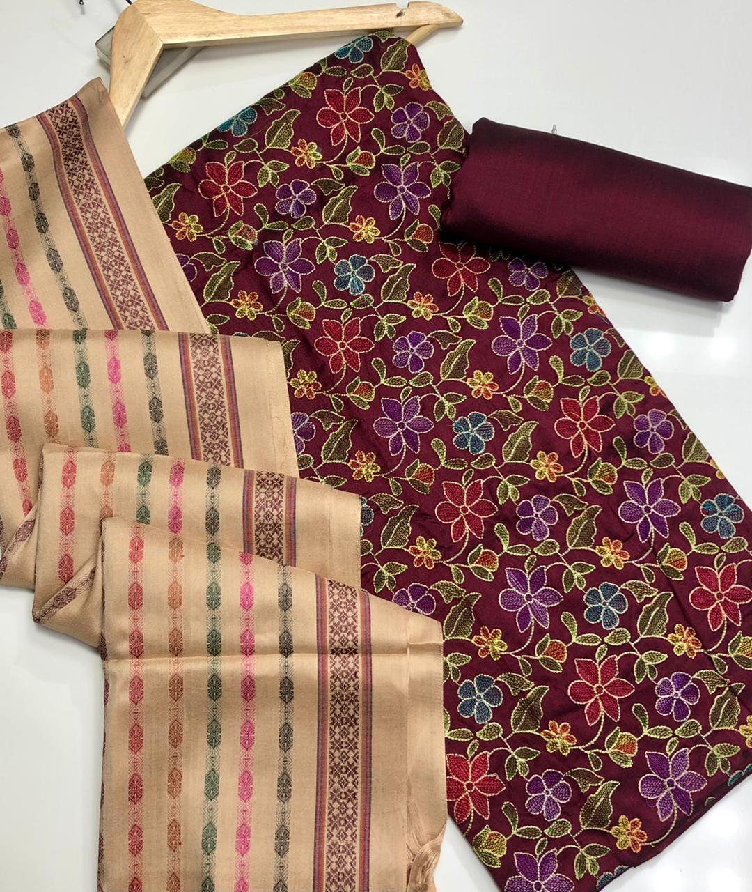 Marina fabric kacha Ari embroidery with shawl Dupata 3 pc suits